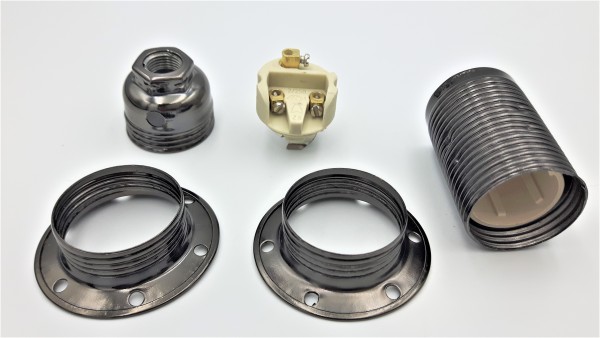 E14 bulb holder 3 part plus 2 shade rings in black nickel plate 10mm thread