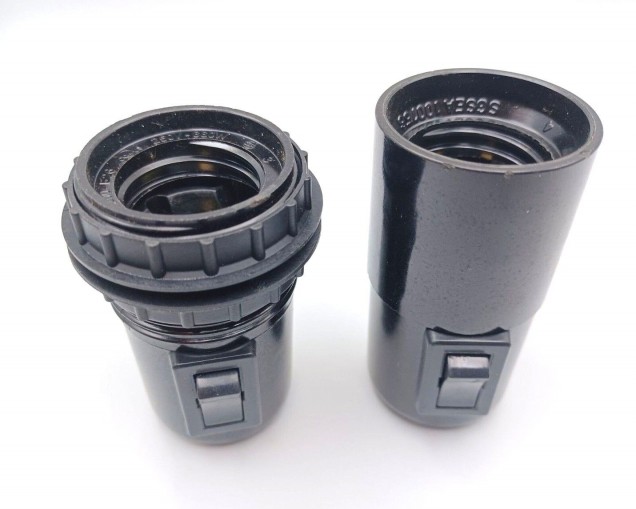 Rocker switch lamp holder E27 Black 10mm base plain or threaded skirt